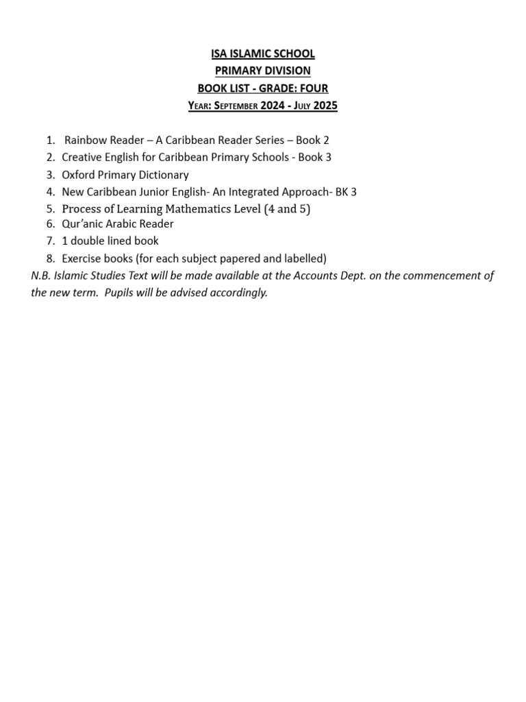 Grade 4 Book List for ISA Islamic School | PDF
