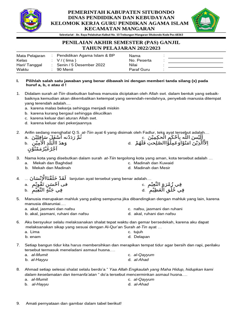 Soal Pas I Pai Kls. 5 2022-2023 | PDF