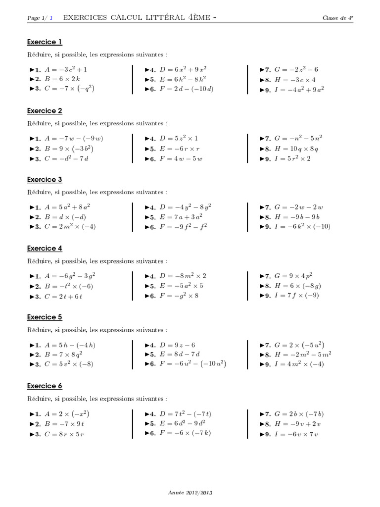 Exercices Calcul Litteral 2college 1 | PDF