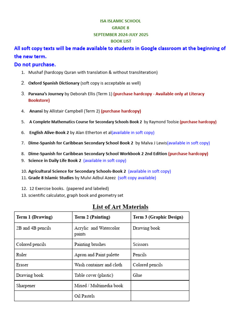 Book List-Grade 8 2024-2025 | PDF