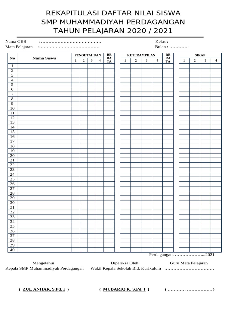 REKAPITULASI DAFTAR NILAI SISWA | PDF