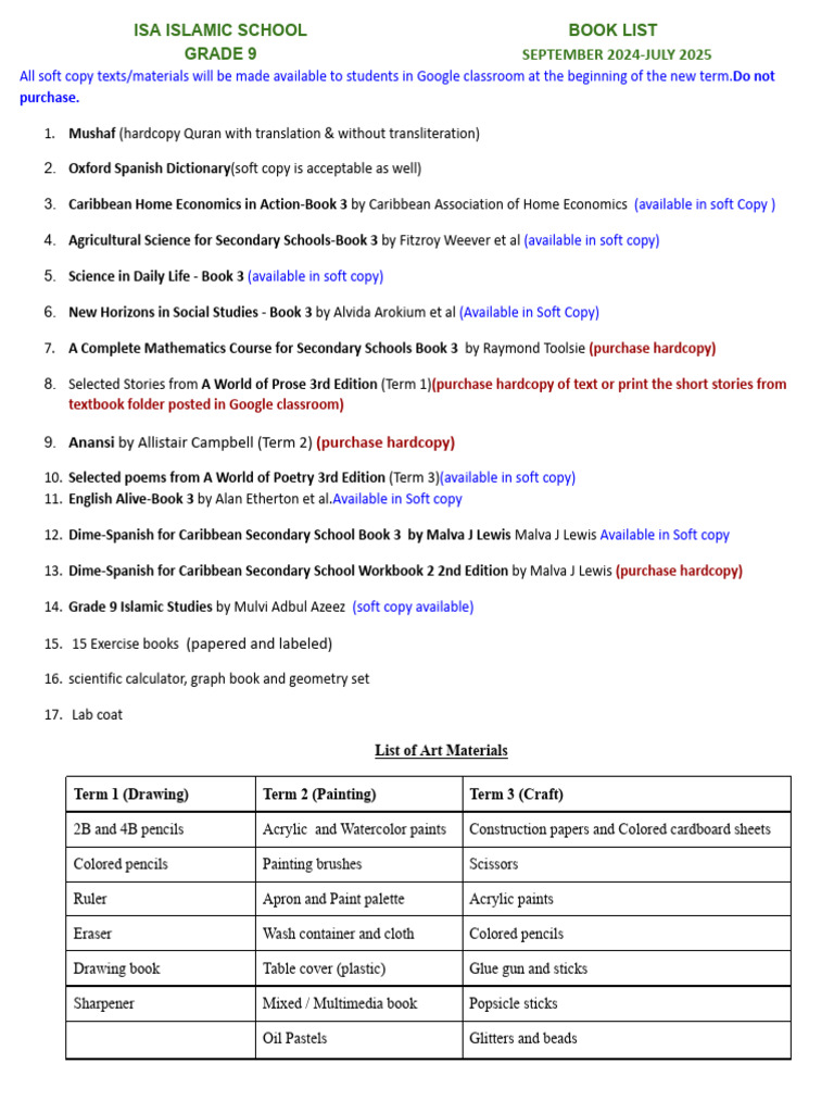 Book List-Grade 9 2024-2025 | PDF | Conservation And Restoration ...