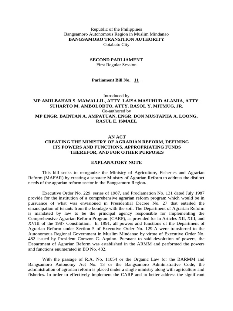 Bill No. 11 - MP Amilbahar Mawallil CREATING THE MINISTRY OF AGRARIAN ...
