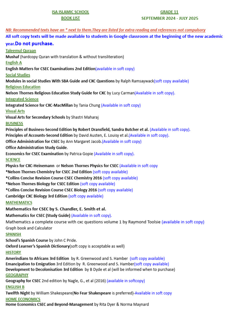 Book List-Grade 11 2024-2025 | PDF