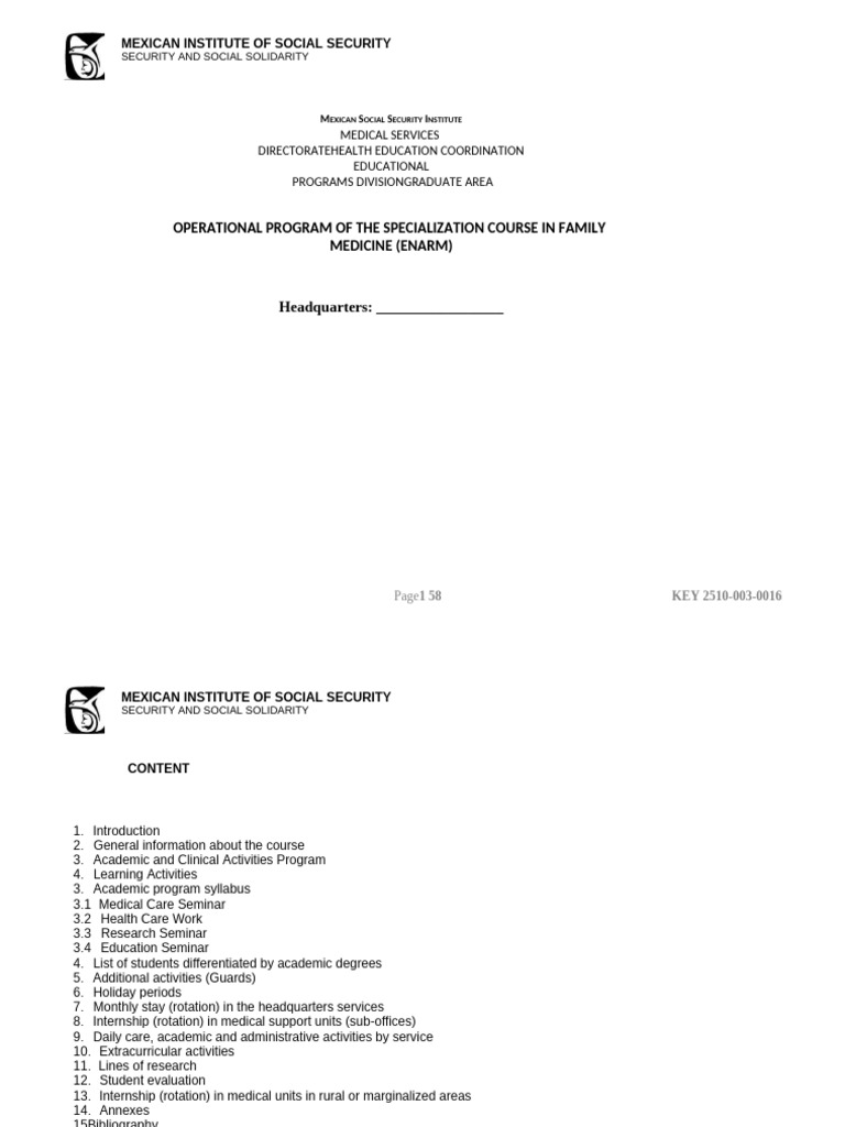 Operational Program of the Specialty Course in Family Medicine (ENARM ...