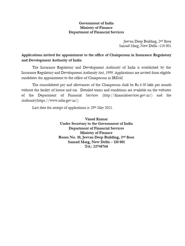 Applications Invited for Appointment to the Office of Chairperson in ...