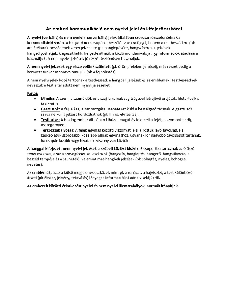 Az Emberi Kommunikáció Nonverbálisi Jelei És Kifejezőeszközei | PDF