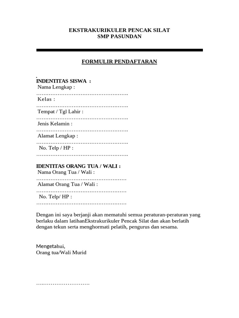 Formulir Daftar Pencak Silat SMP | PDF