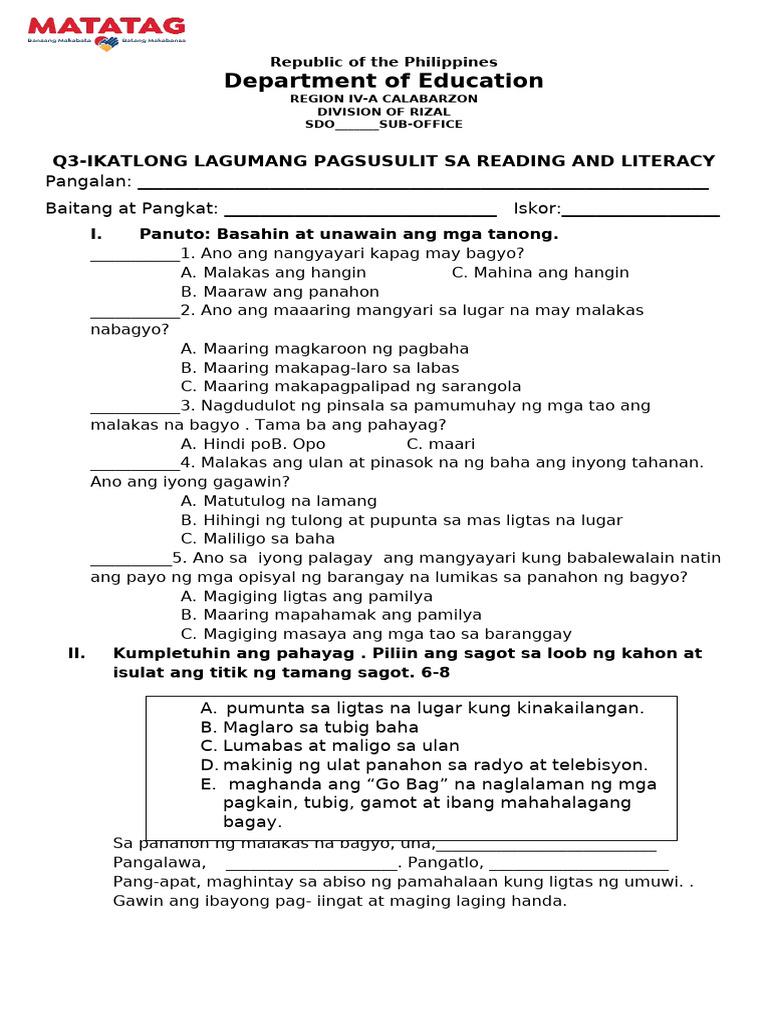 q3 3rd Summative Test in Reading and Lit | PDF