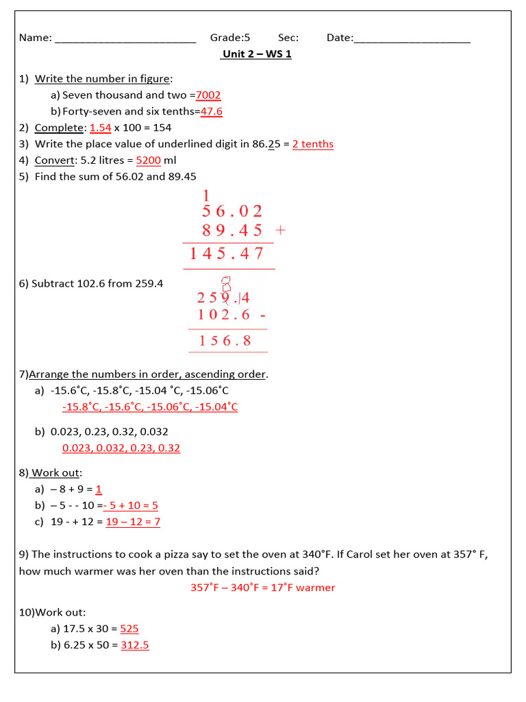 Unit 2 - WS 1 Answer key | PDF