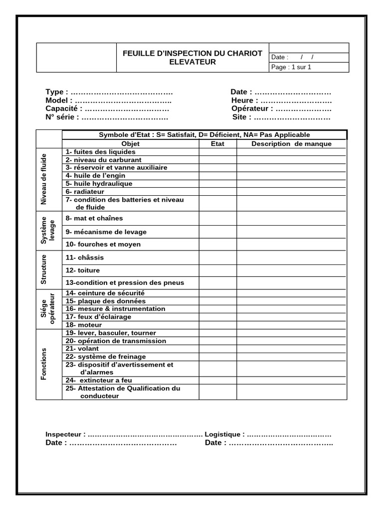 Fiche d'Inspection Chariot Élévateur | PDF