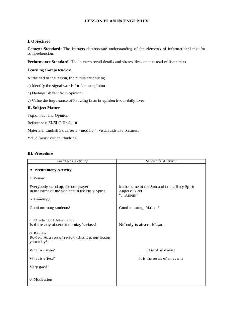 Fact vs. Opinion Lesson Plan | PDF | Learning | Cognition