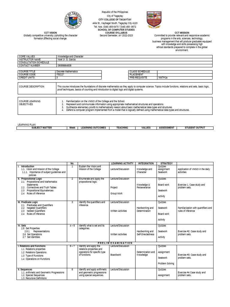 ITEC27-DISCRETE-MATHEMATICS-SYLLABUS-2ND-SEM-2023-2024 | PDF | First ... ITEC27-DISCRETE-MATHEMATICS-SYLLABUS-2ND-SEM-2023-2024 | PDF | First ...