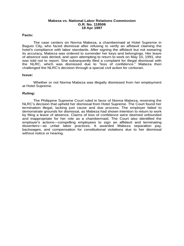 Mabeza vs. NLRC: Illegal Dismissal Case | PDF