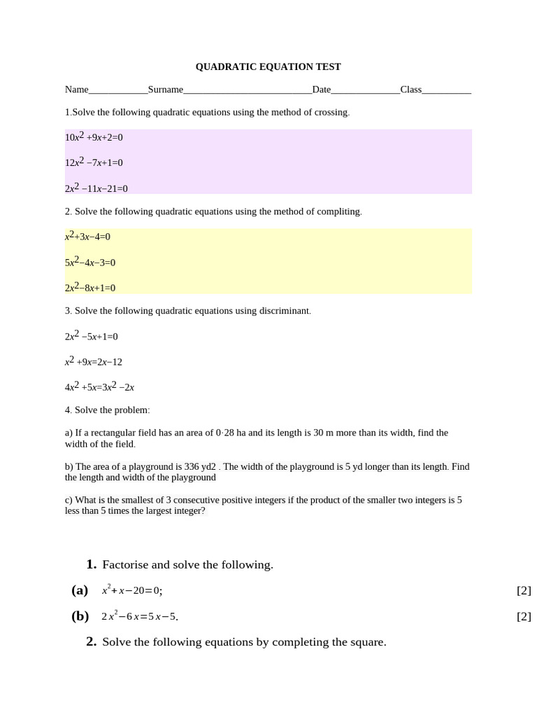 Quadratic Equation Test | PDF | Quadratic Equation | Combinatorics