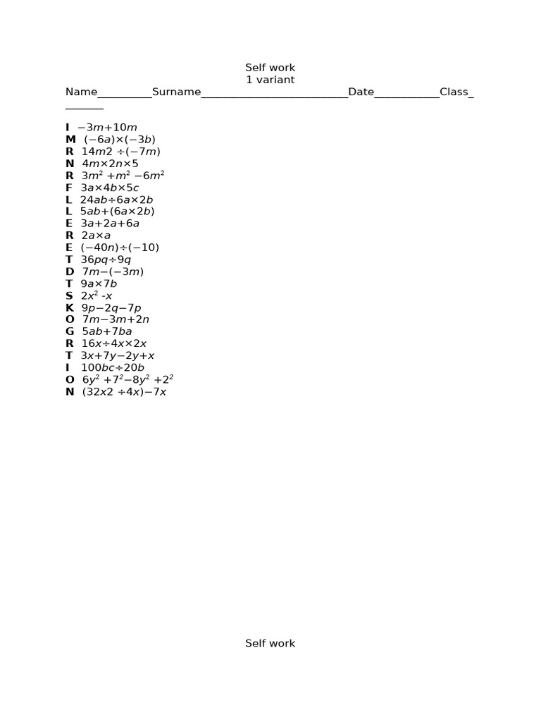Self Work Math 6 Pronumerals | PDF