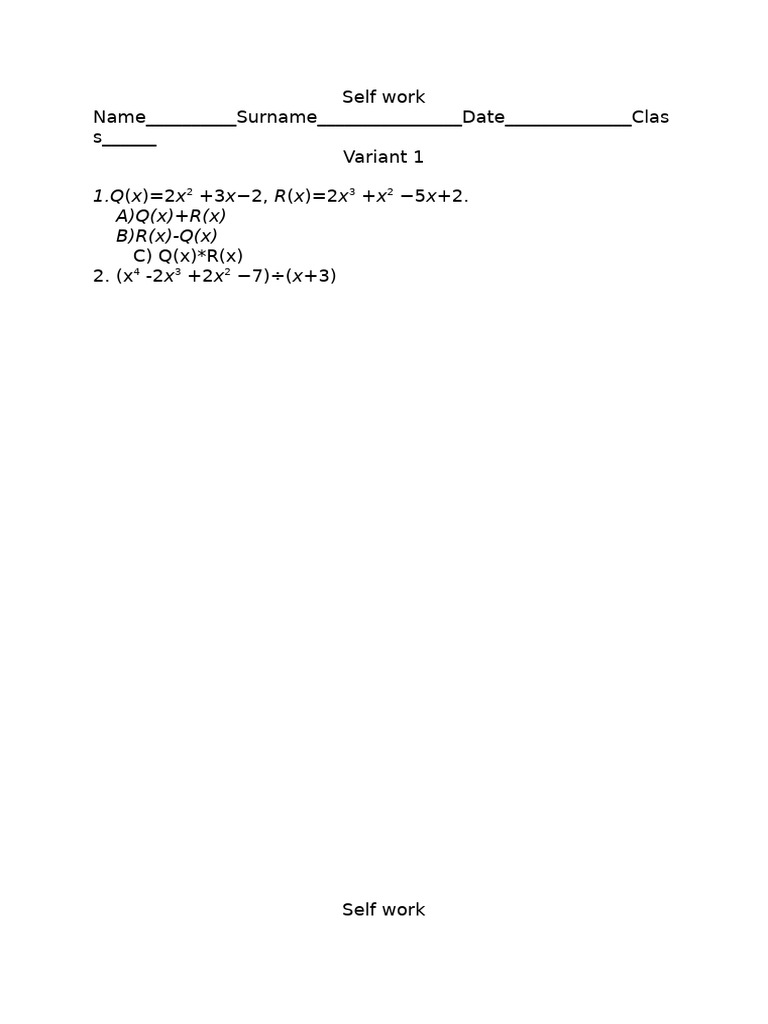 Polynomial Operations Self-Work Exercises | PDF