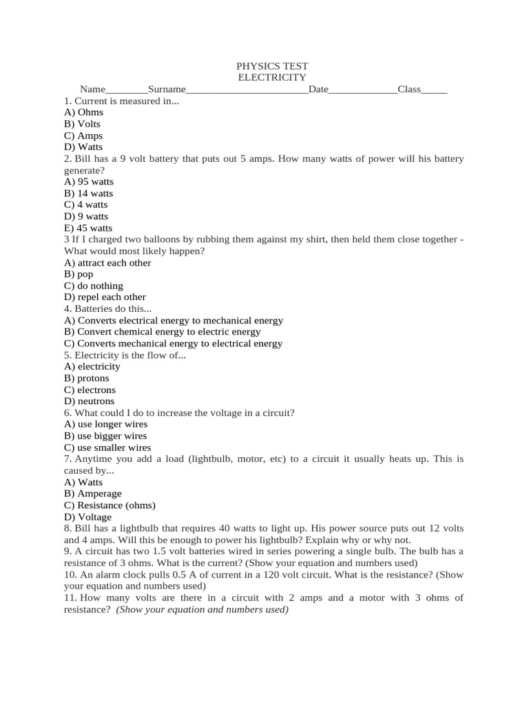 Physics Test: Electricity Basics | PDF