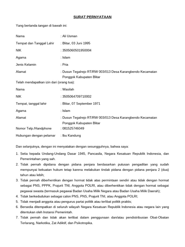 SURAT PERNYATAAN (ali) | PDF