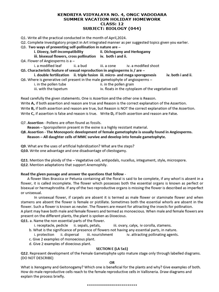 Class-XII-BIOLOGY (Summer Vacation Homework) | PDF | Flowers | Horticultural Techniques