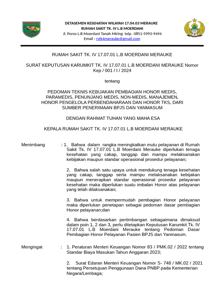 Pedoman Pembagian Honor Medis RS Moerdani | PDF