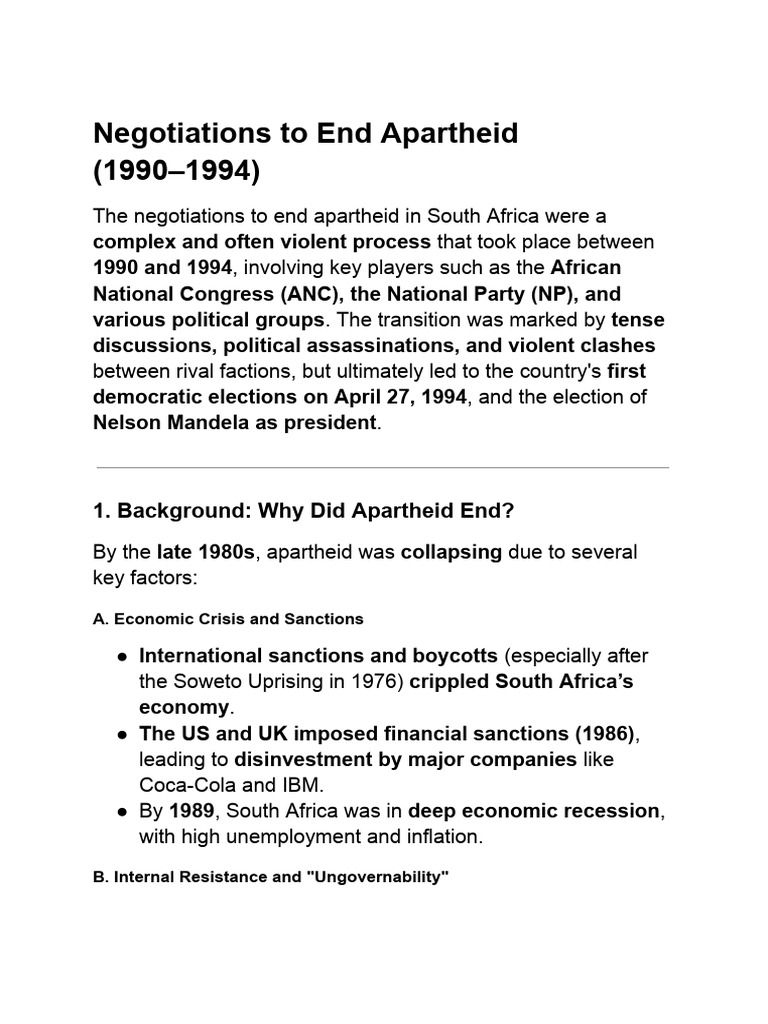 THE NIGOTIATIONS TO END APARTHEID | PDF | Apartheid | African National ...