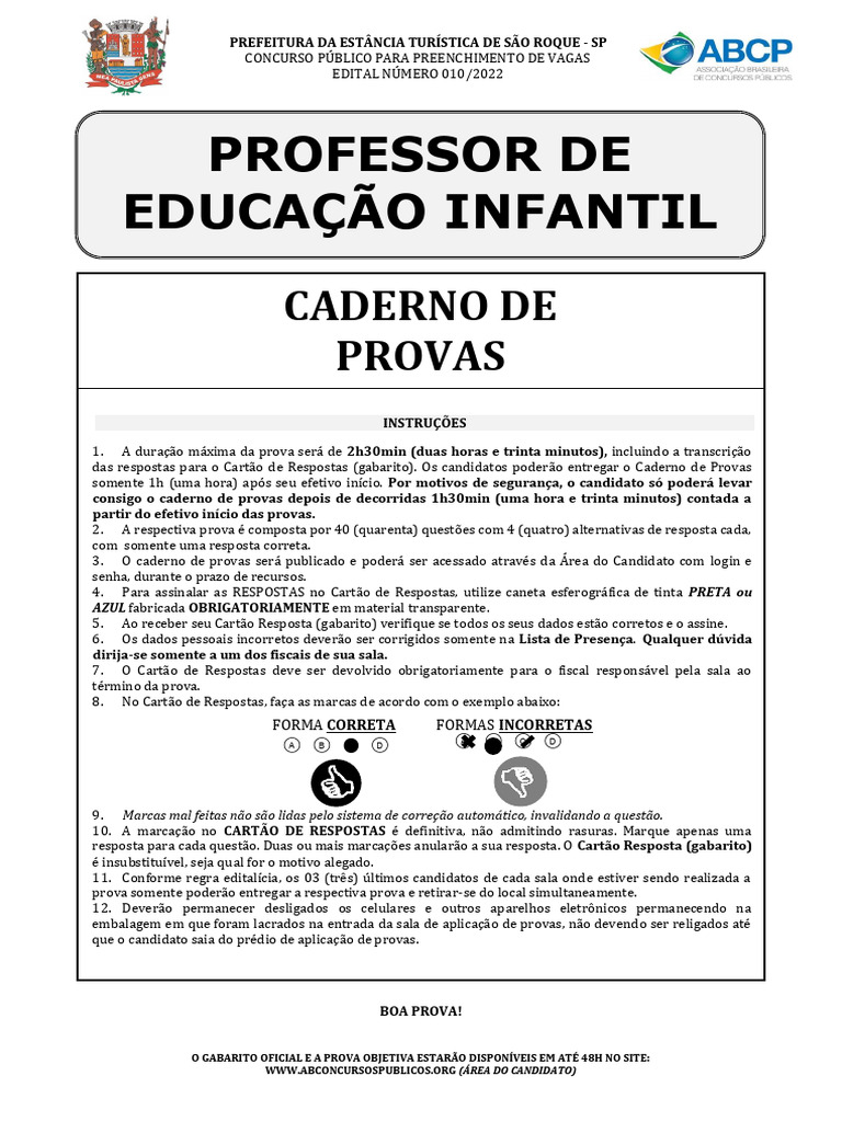 Prova - ABCP - São Roque - EInf | PDF | Pedagogia | Aprendizado