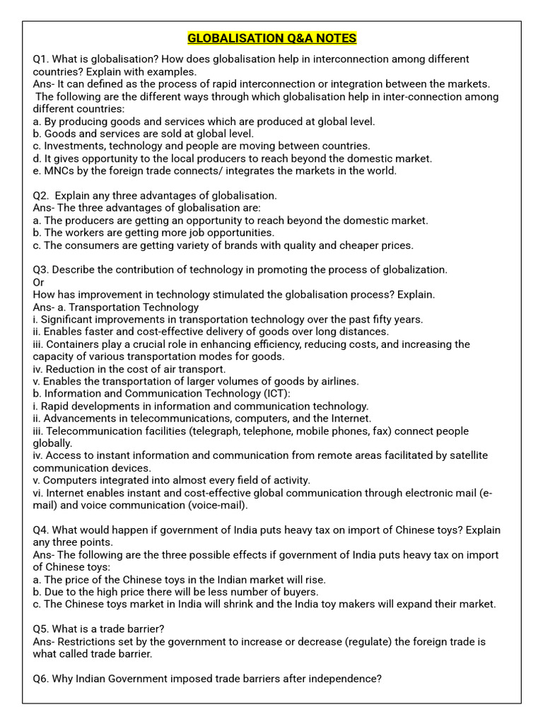 Globalisation Q&A Notes | PDF | Multinational Corporation | Globalization
