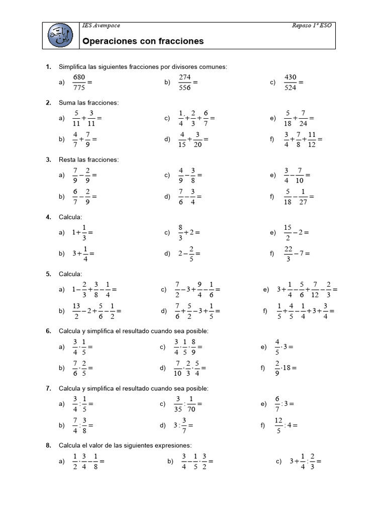 Operaciones con Fracciones 1º ESO | PDF | Ajedrez