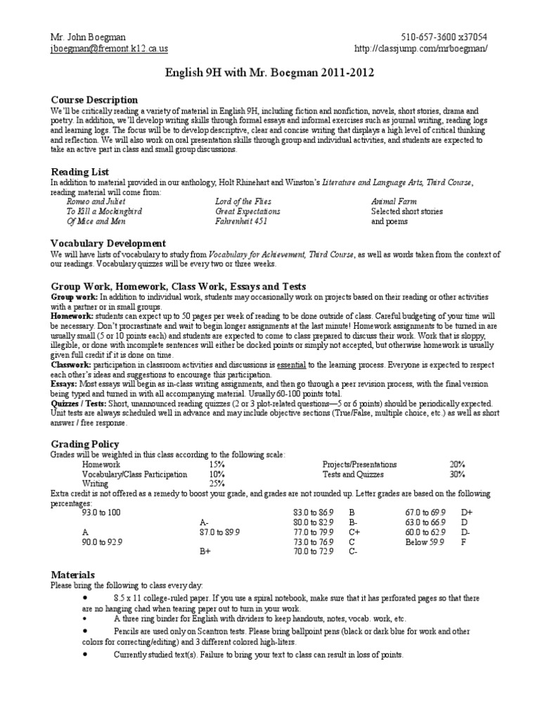 English 9H Syllabus | PDF | Homework | Reading (Process)