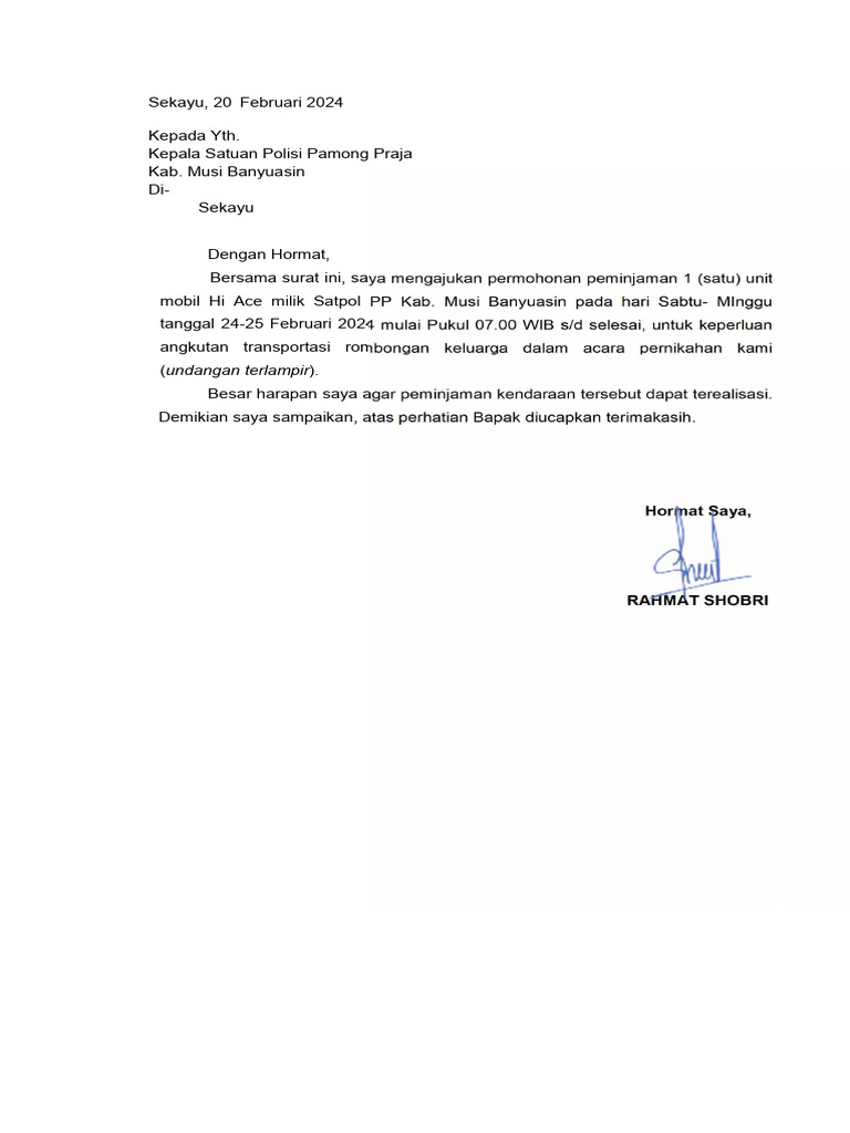 Surat Permohonan Pinjam Pakai Mobil | PDF