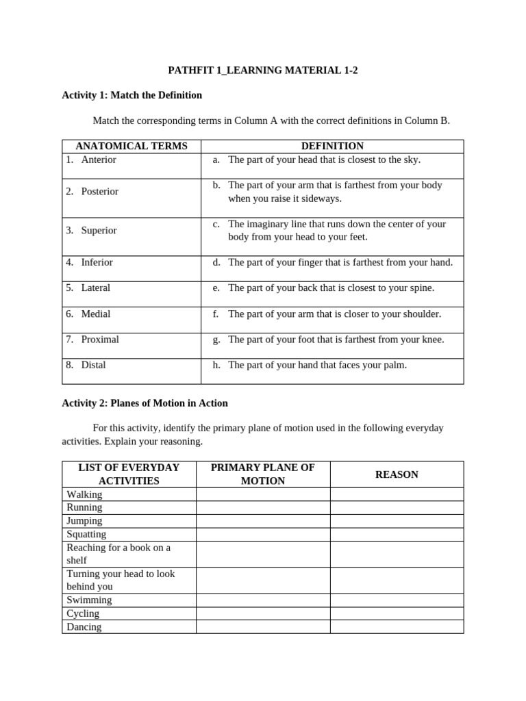 Pathfit 1 - Learning Material - 1-2 | PDF | Anatomical Terms Of ...