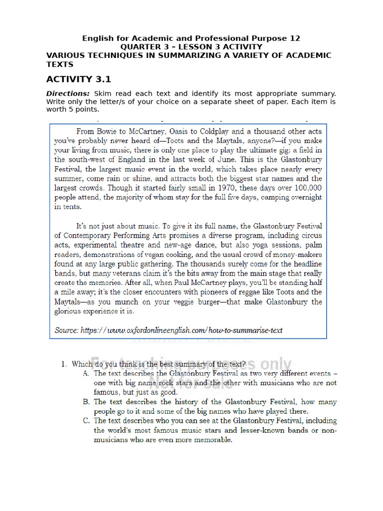 Eapp 12 Quarter 1 Lesson 3 Summarizing Text Practice Activity | PDF