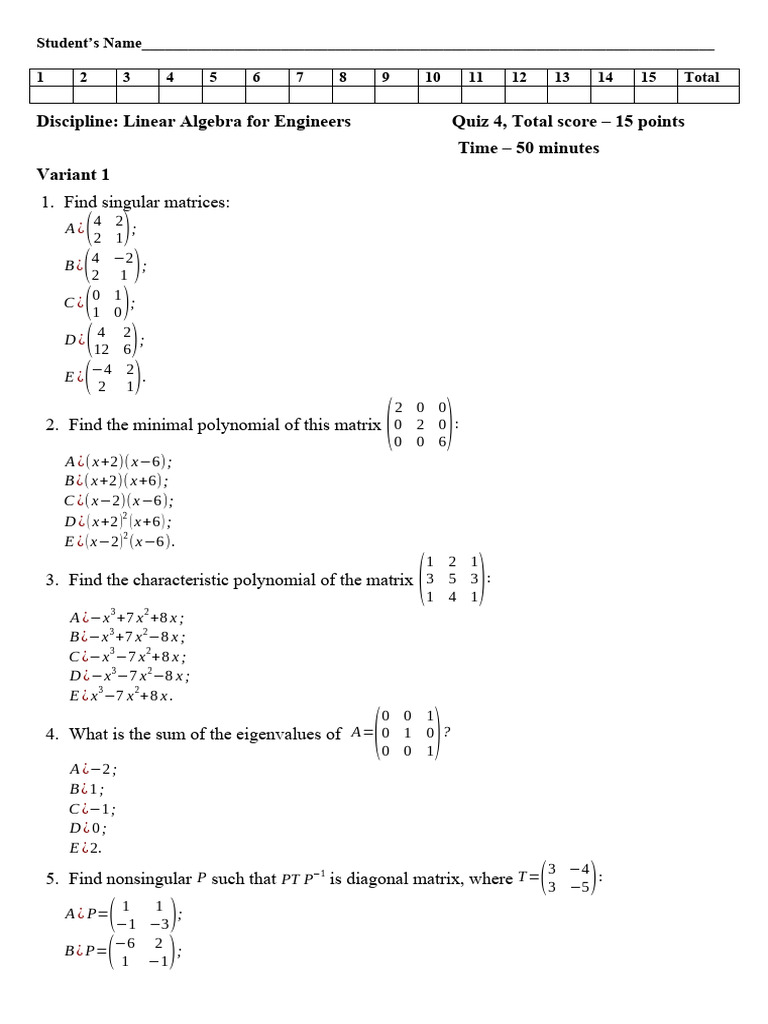 Linear Algebra Quiz 4 for Engineers | PDF | Eigenvalues And ...