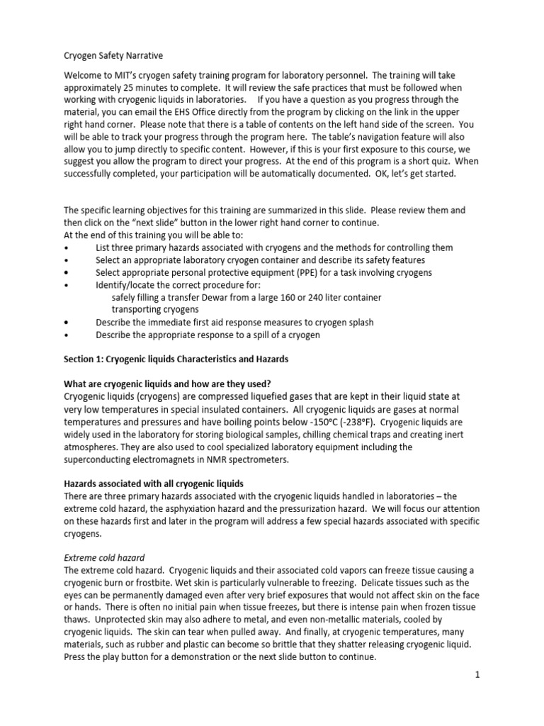 Cryogen Safety Narrative Handout | PDF | Cryogenics | Personal ...