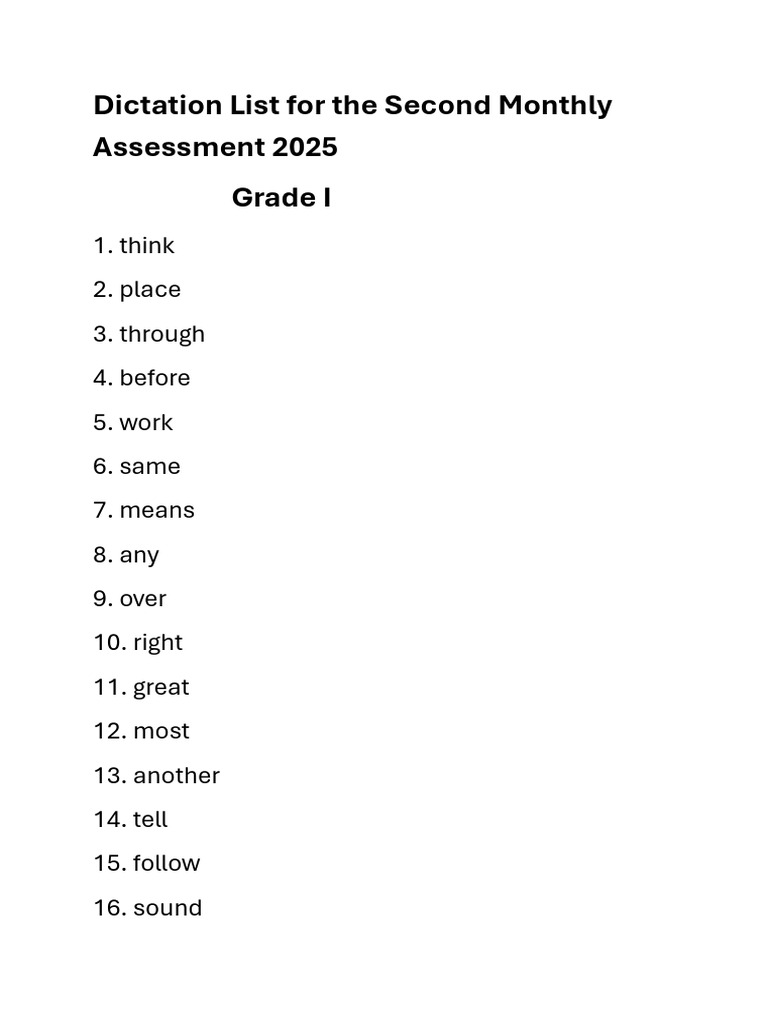 Dictation List For Second Monthly Assessment 2025 | PDF