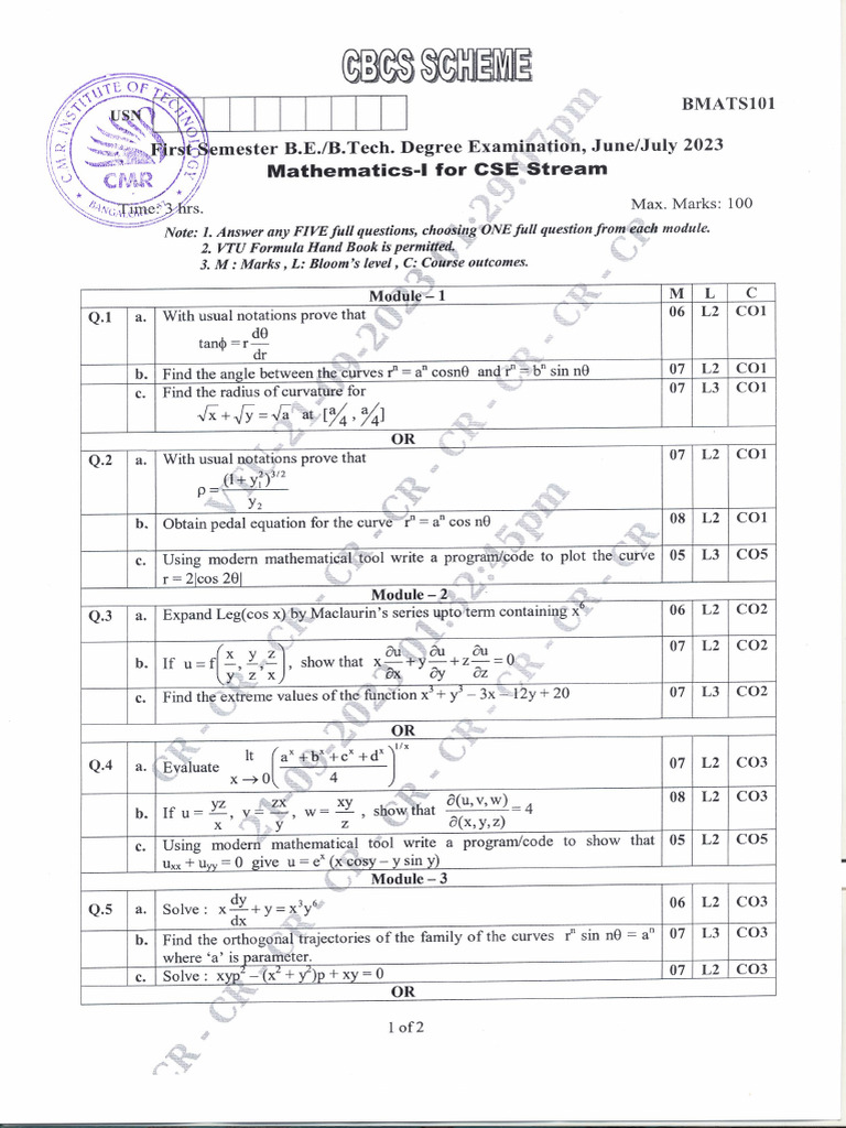 VTU Question Paper of BMATS101 Mathematics-I For CSE Stream June-July-2023 | PDF