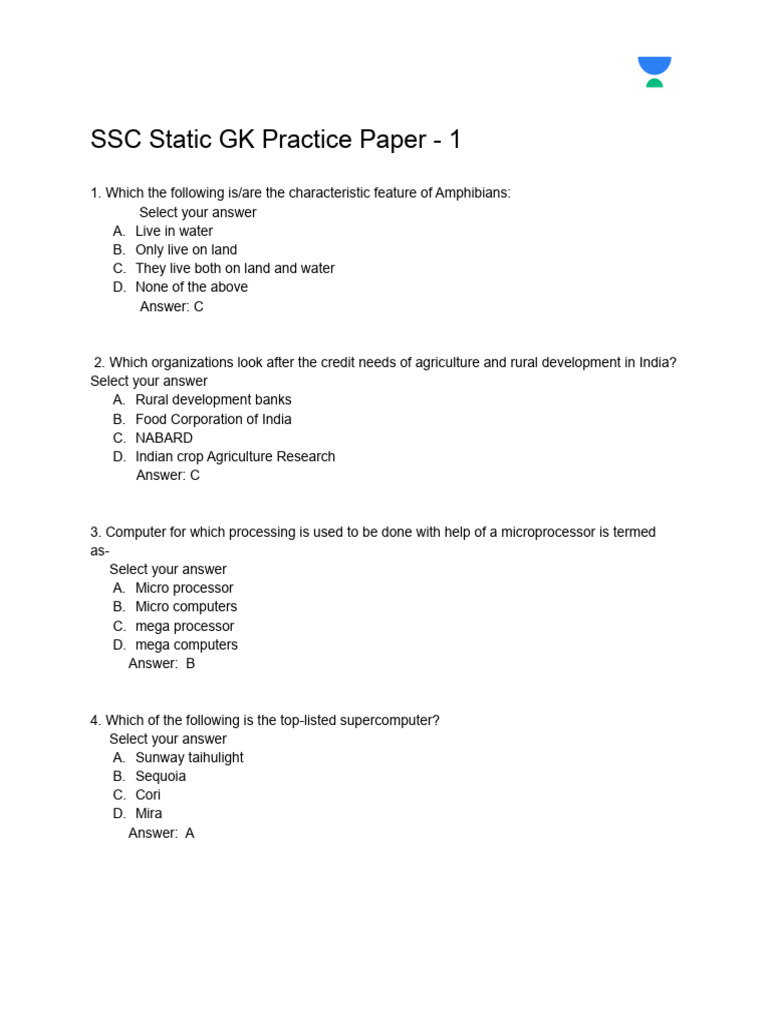 SSC Static GK Practice Paper 1 | PDF