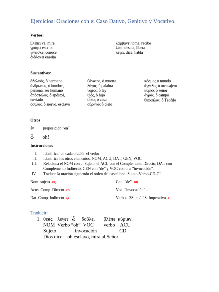 2024-10-19 Acad Pent Ejercicios Oraciones Dat-gen-Voc | PDF