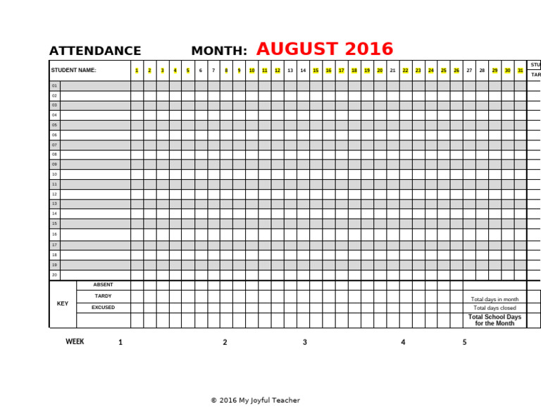 August 2016 Student Attendance Log | PDF