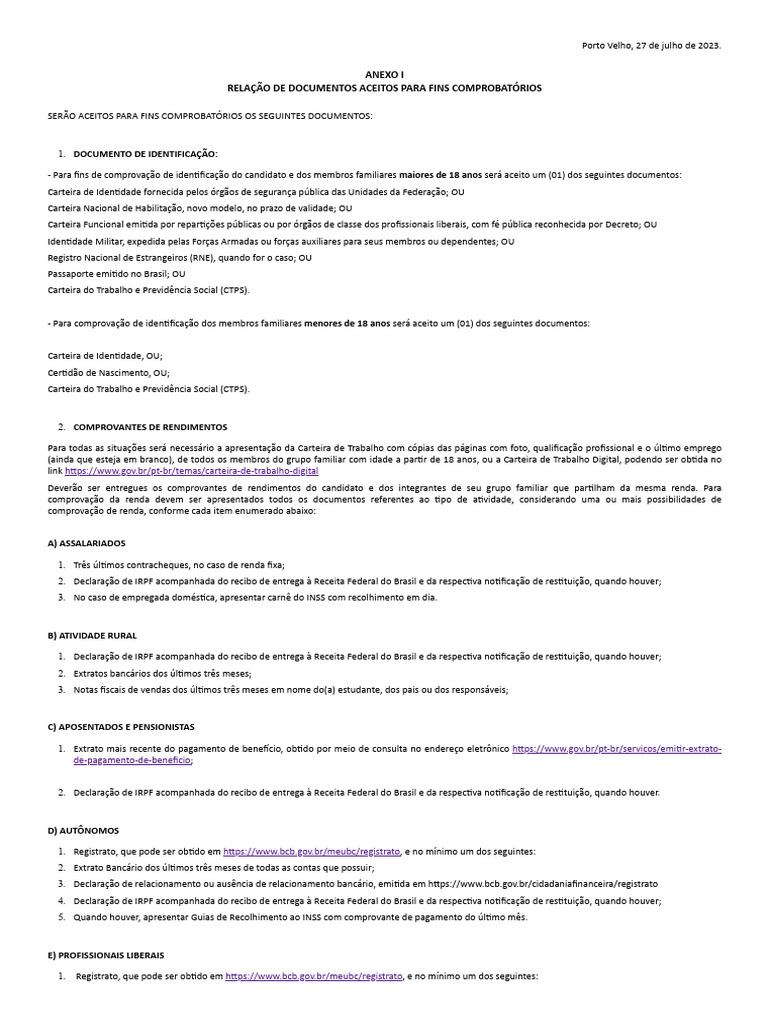 Anexo I - Relação de Documentos Aceitos para Fins Comprobatórios | PDF ...