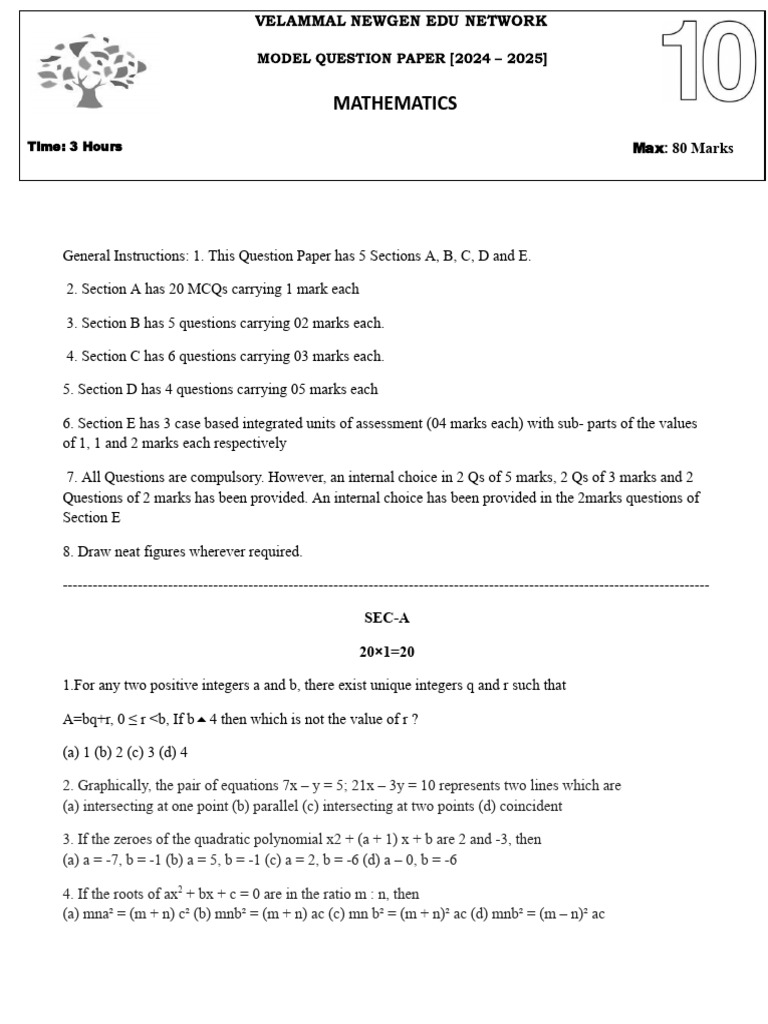 VV Pad-Gr 10 Maths QP Set 1 | PDF | Mathematics