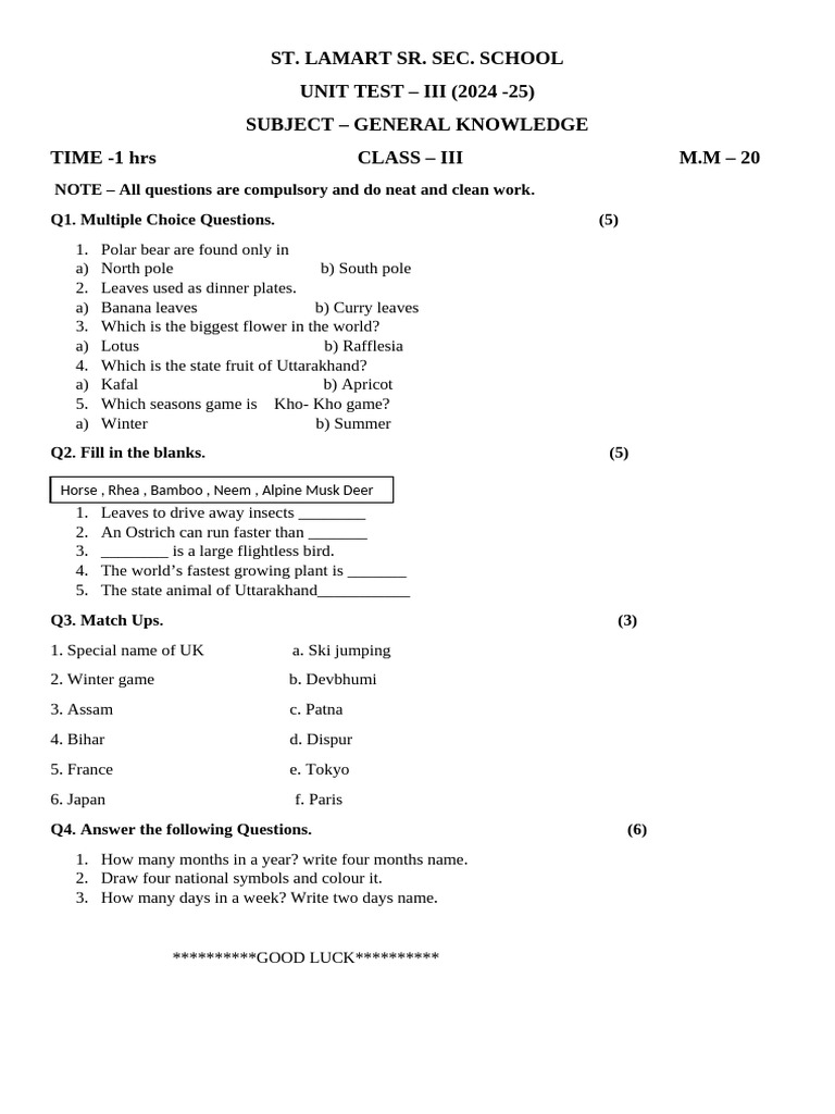 Class III General Knowledge Unit Test | PDF