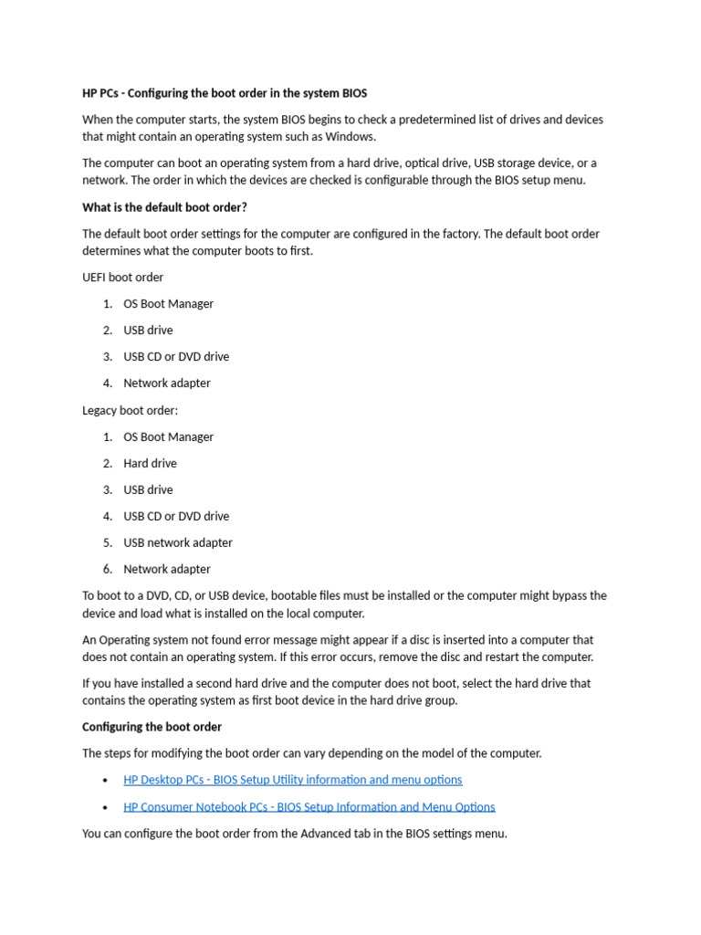 HP PCs - Configuring The Boot Order in The System BIOS | PDF | Booting | Bios