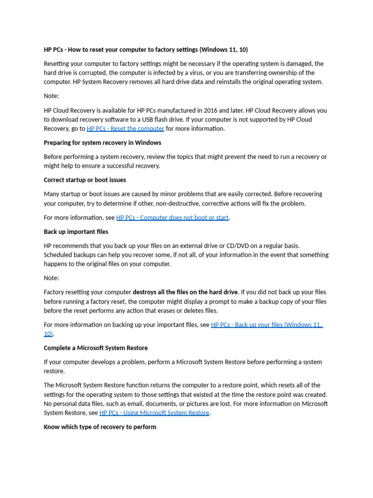 HP PCs - How To Reset Your Computer To Factory Settings (Windows 11, 10) | PDF | Microsoft ...