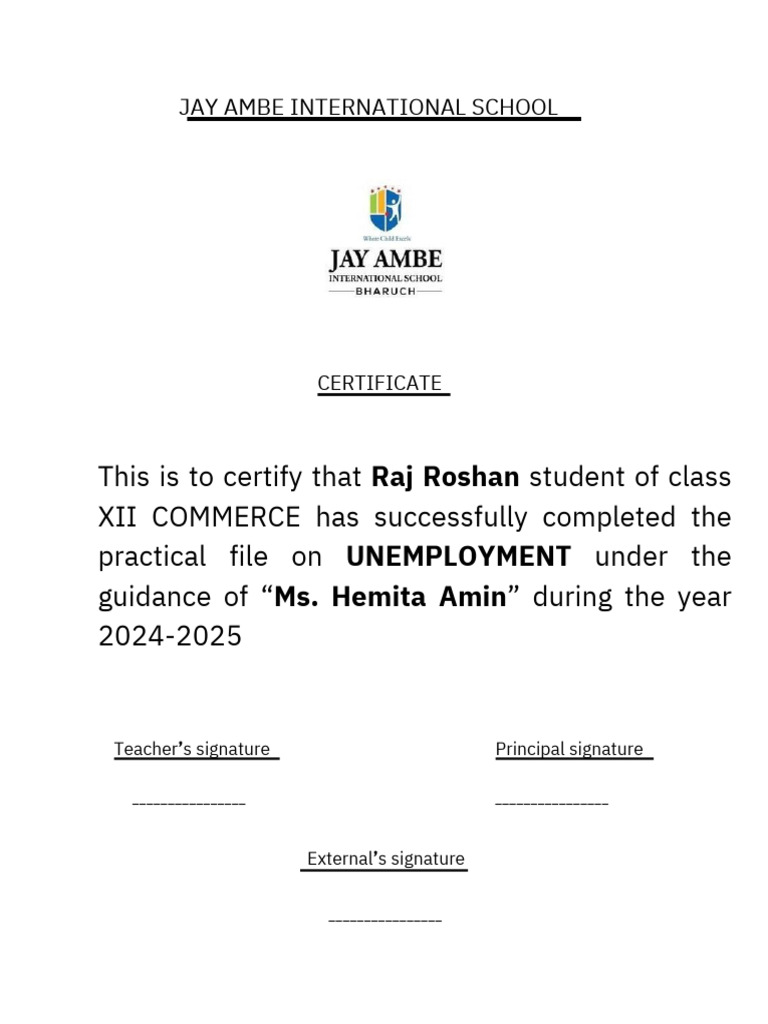 XII Commerce Unemployment Project Certificate | PDF