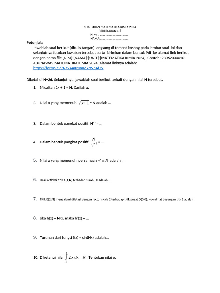 SOAL UJIAN MATEMATIKA KIMIA 2024 fINAL PERT 1-8 alfira | PDF