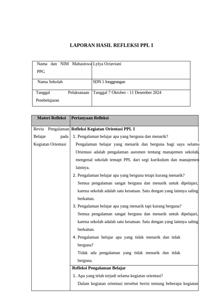 Laporan Hasil Refleksi PPL I | PDF