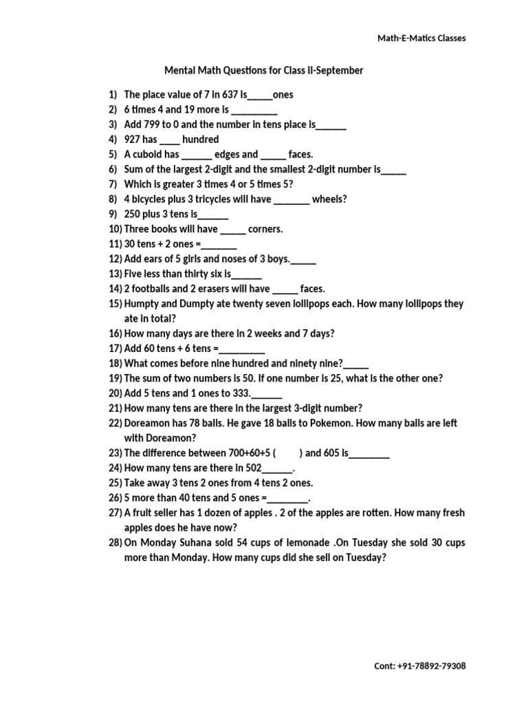 Class 2 Mental Math Quiz with Answers | PDF