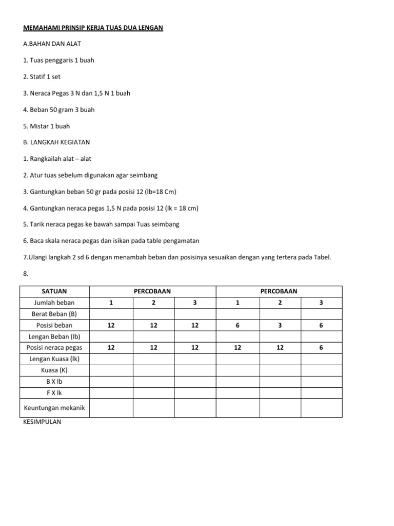 Lks. Memahami Prinsip Kerja Tuas Dua Lengan | PDF